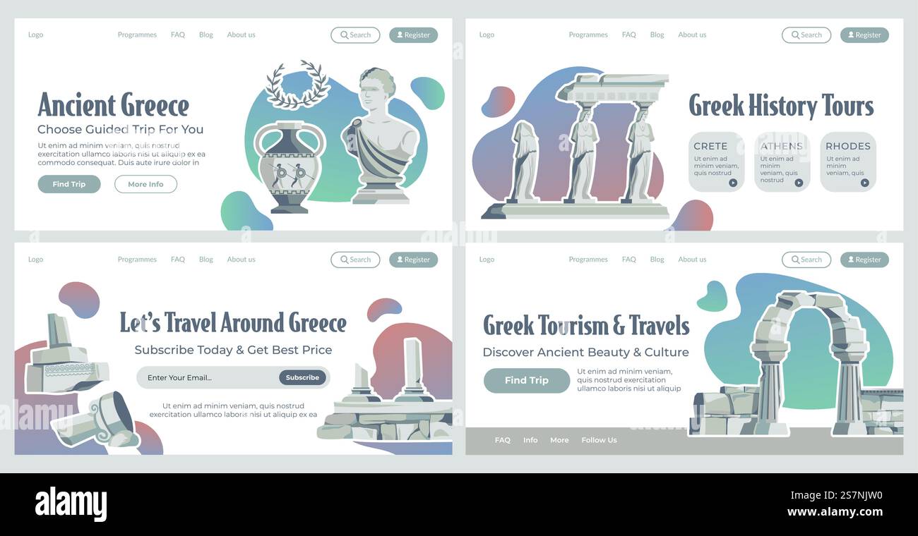 Landing page collection with ancient greece tour. Greek tourism ...