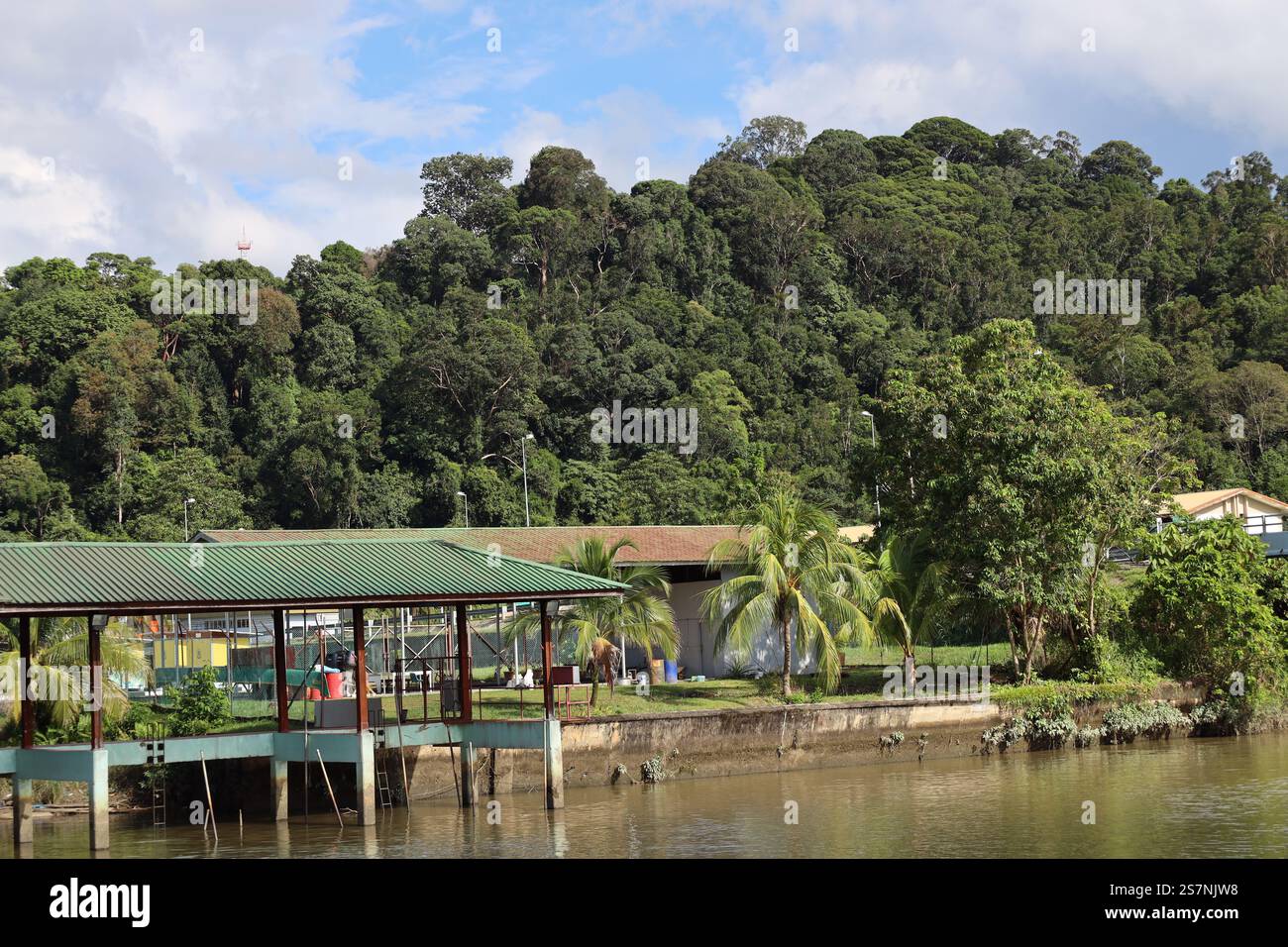 riverside docks and piers against rain forest covered hills under blue ...