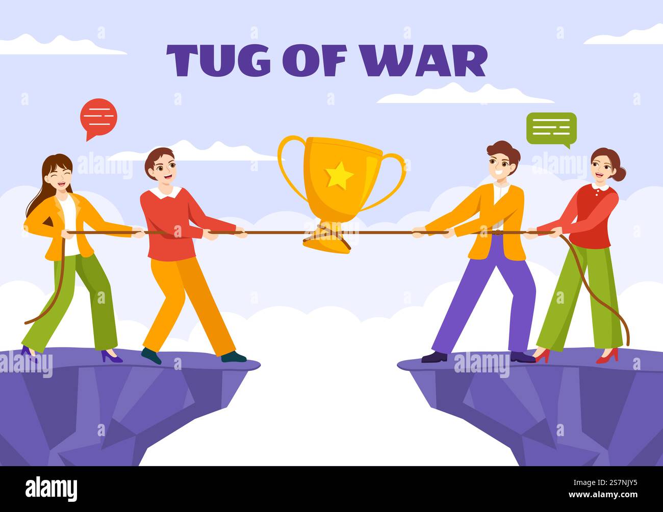 Tug of war Vector Illustration with People Pulling Opposite Ends of ...