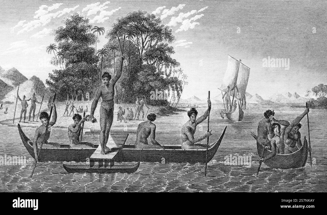 Illustration of Pacific Islanders in their canoes from the book Voyage ...