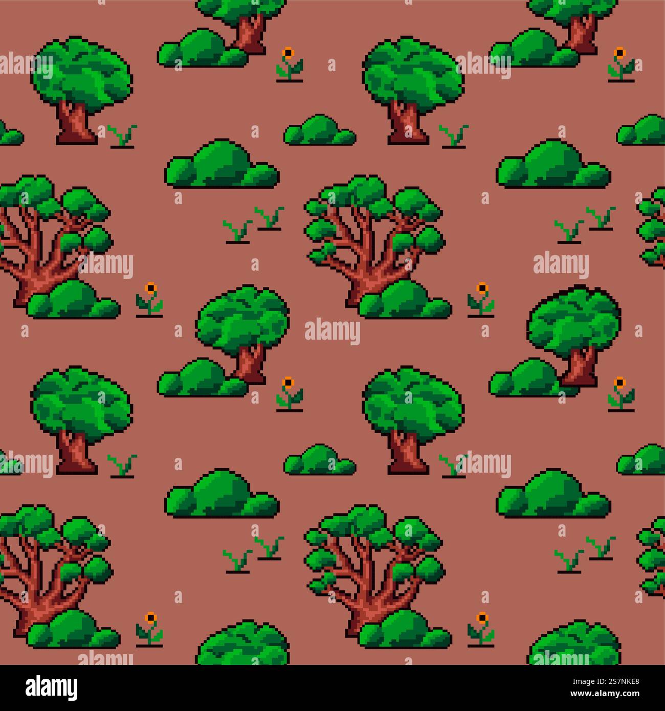 Pixelated woods or forest with trees, flowers and bushes. Flora and ...