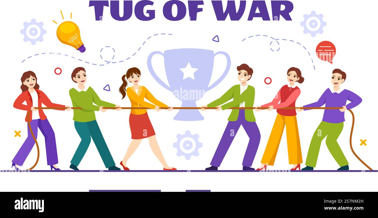Tug of war Vector Illustration with People Pulling Opposite Ends of ...