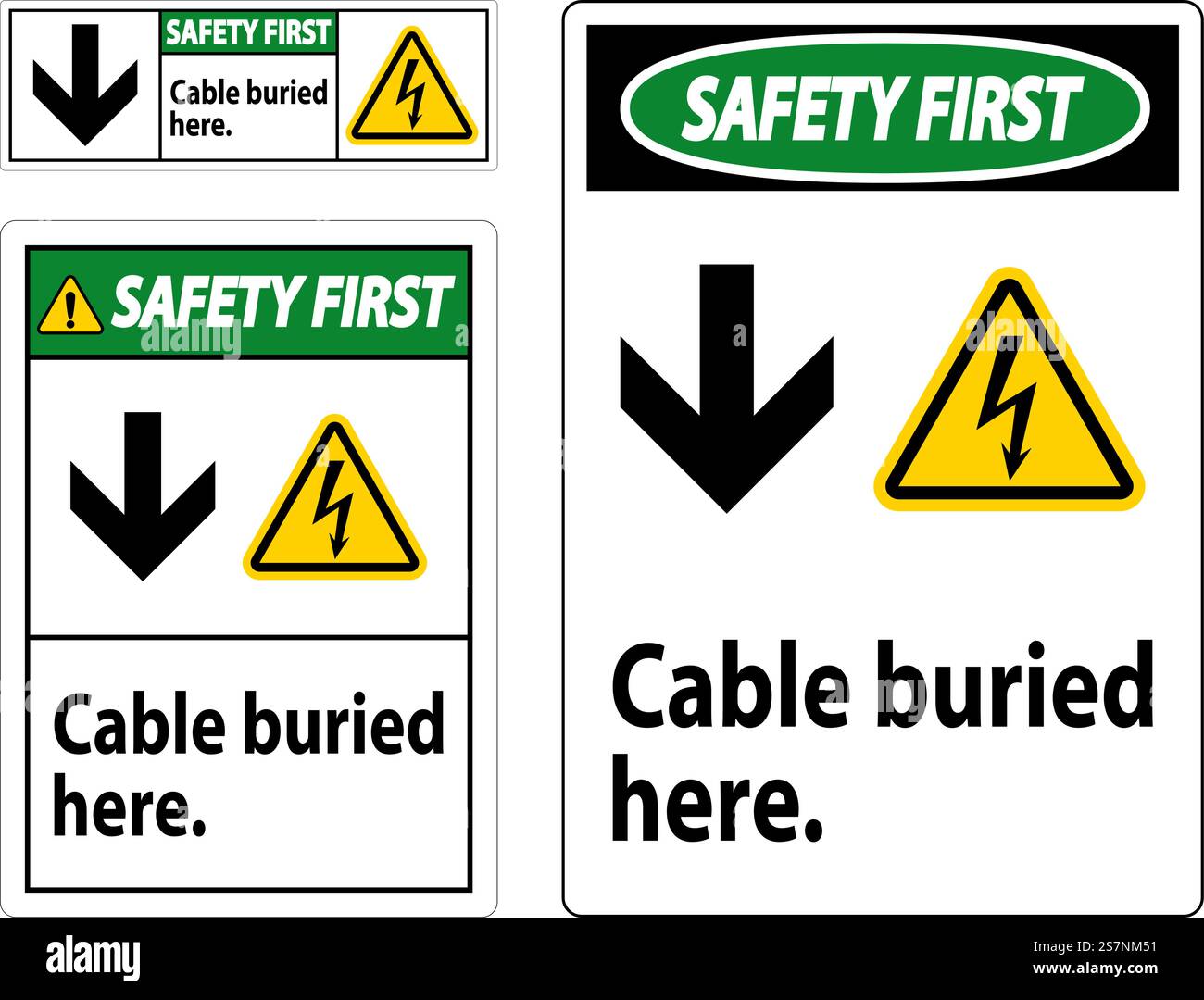 Safety First Sign Cable Buried Here. With Down Arrow and Electric Shock ...