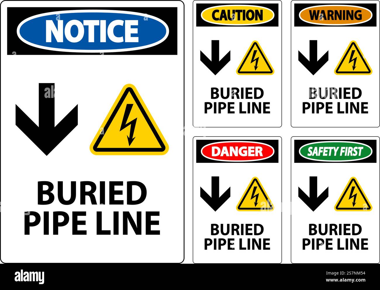 Caution Sign Buried Pipe Line With Down Arrow and Electric Shock Symbol ...