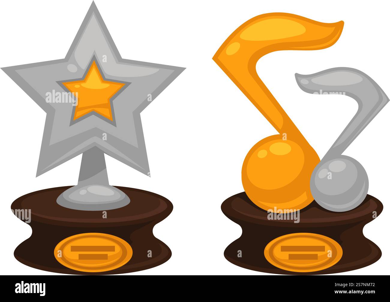 Gold and silver statuettes in shape of star and music tune, isolates ...