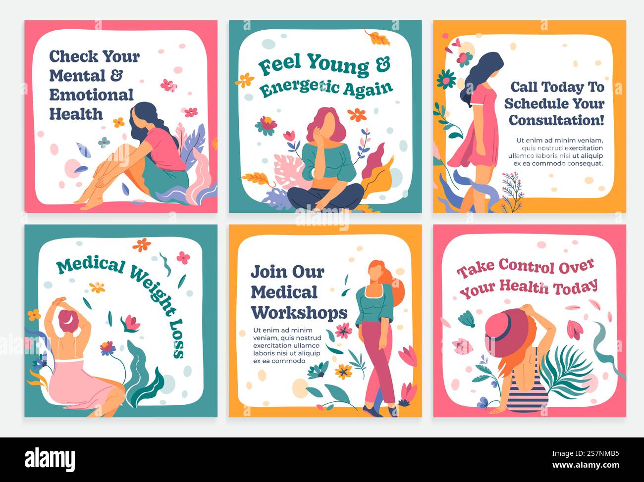 Network post collection with health check offer. Flat woman character ...