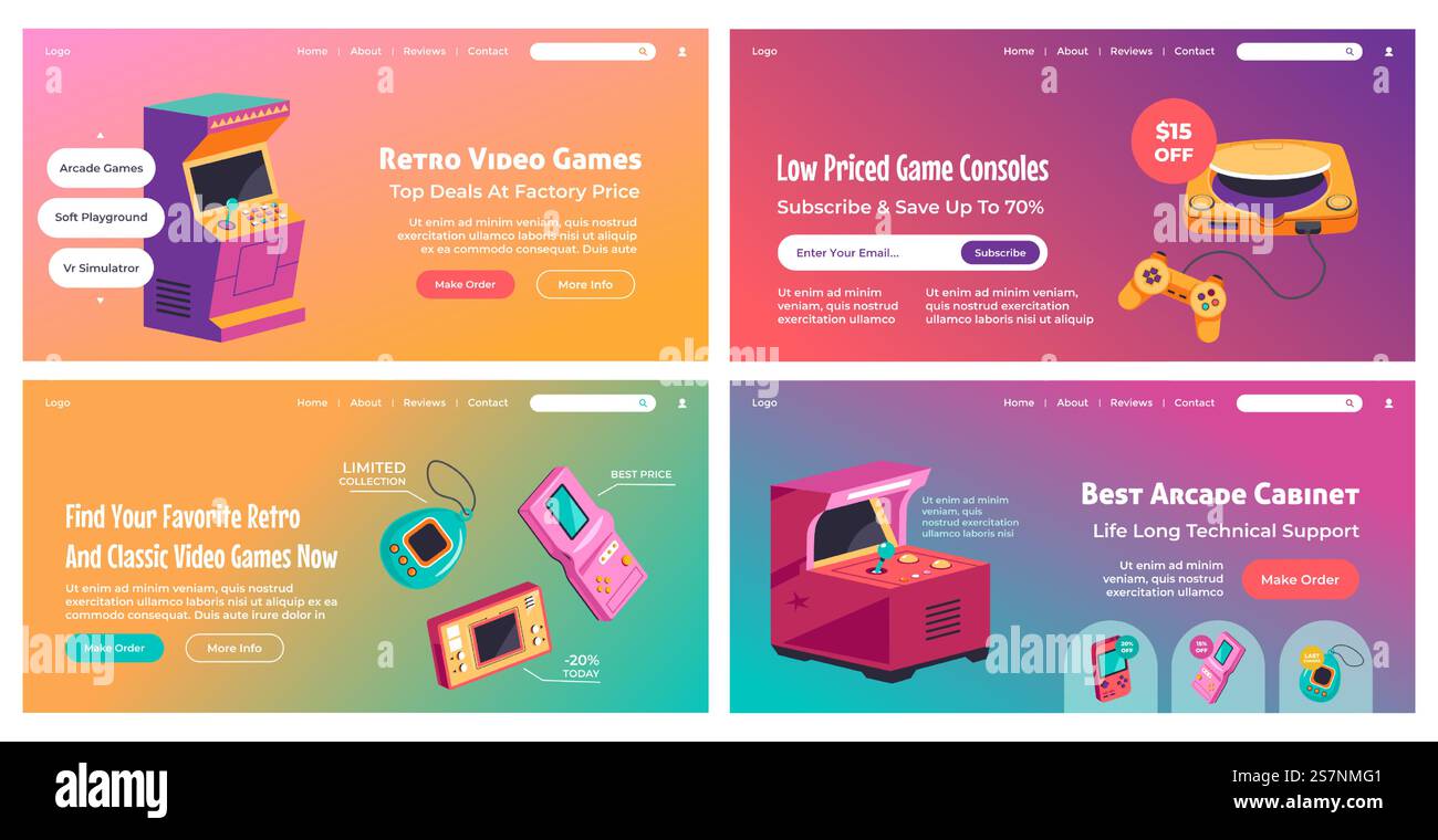 Landing page set design with retro video games. Online store offer with ...