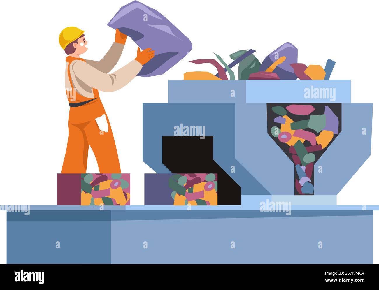 Industrial recycling of garbage and litter, sorting plastic and bulky items. Isolated worker ...