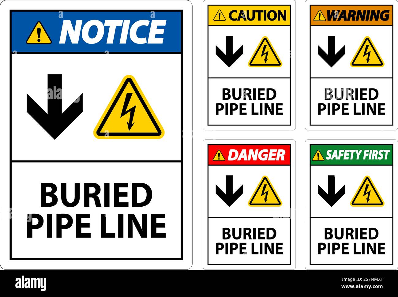 Caution Sign Buried Pipe Line With Down Arrow and Electric Shock Symbol ...