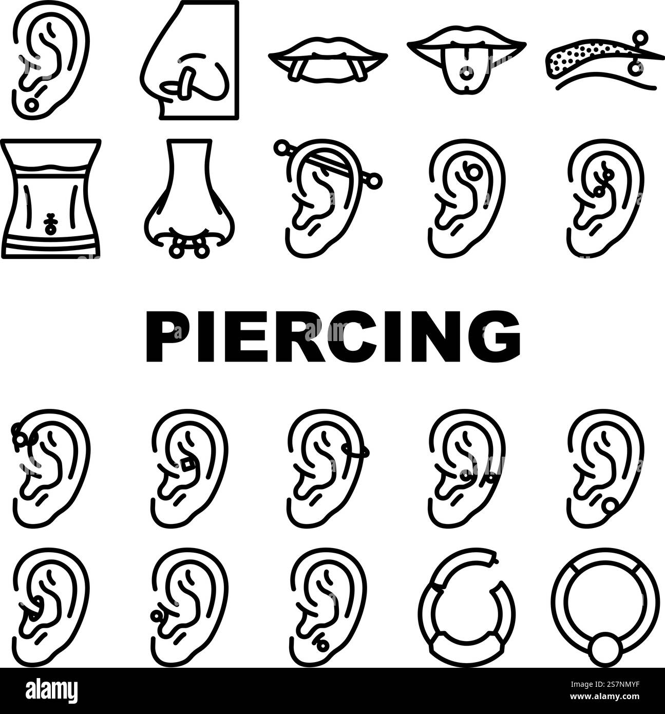 piercing ring earring nose icons set vector. metal jewelry, body pierce ...