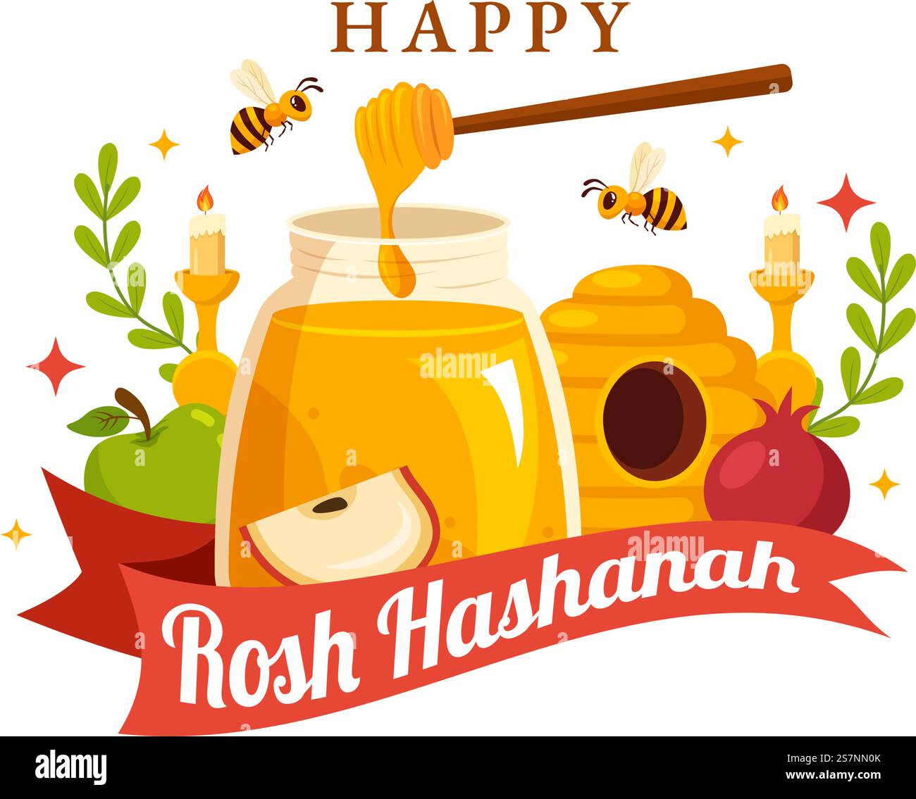 Happy Rosh Hashanah Vector Illustration of Jewish New Year Holiday with Apple, Pomegranate ...