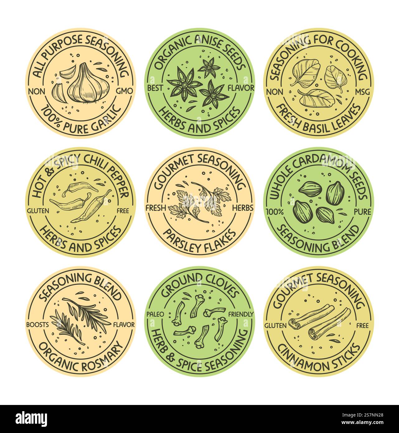 Round label set for seasoning and spice package. Herbal product sticker ...