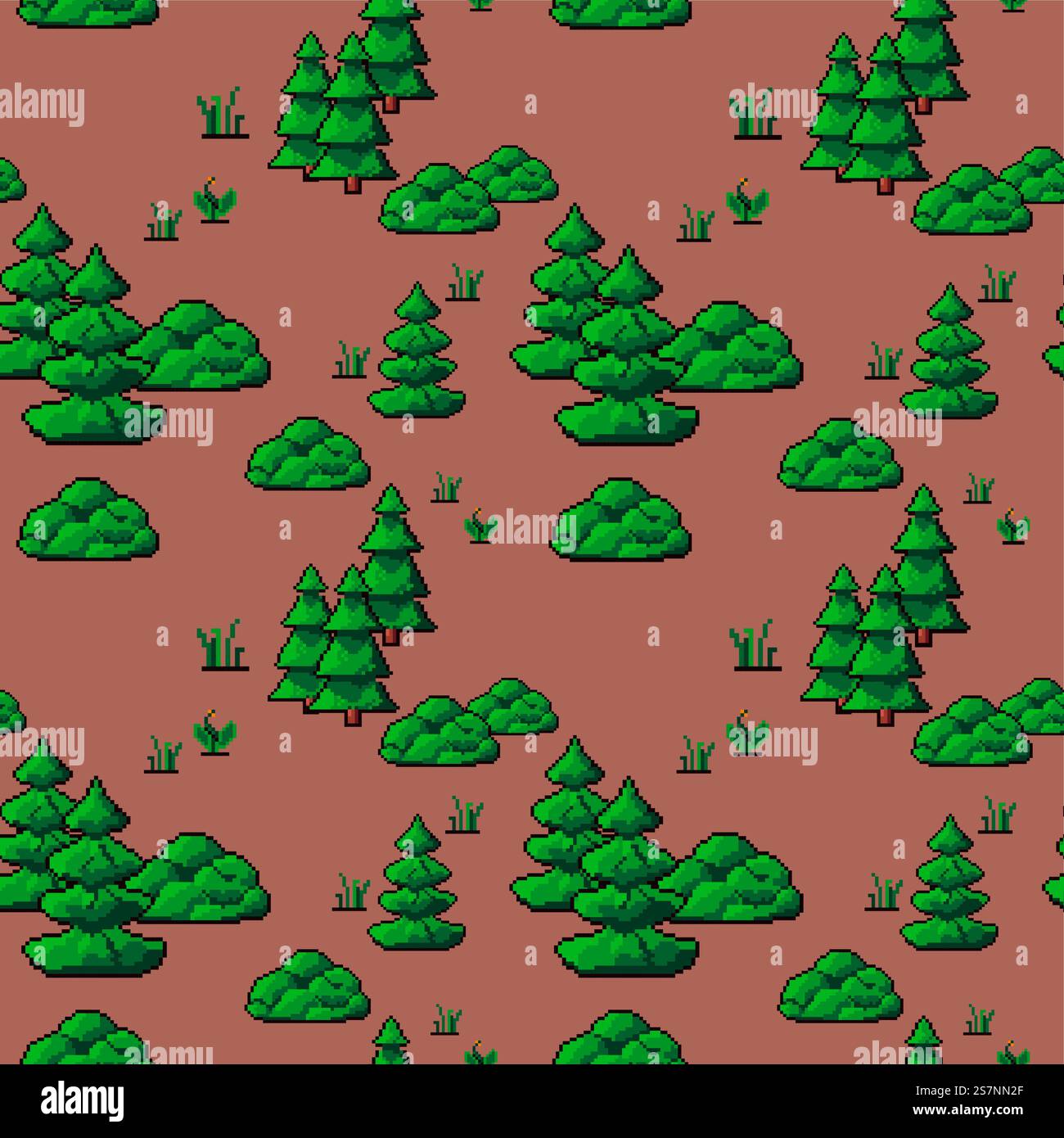Pixelated forest with pine trees, bushes and grass. Pixel art of woods ...