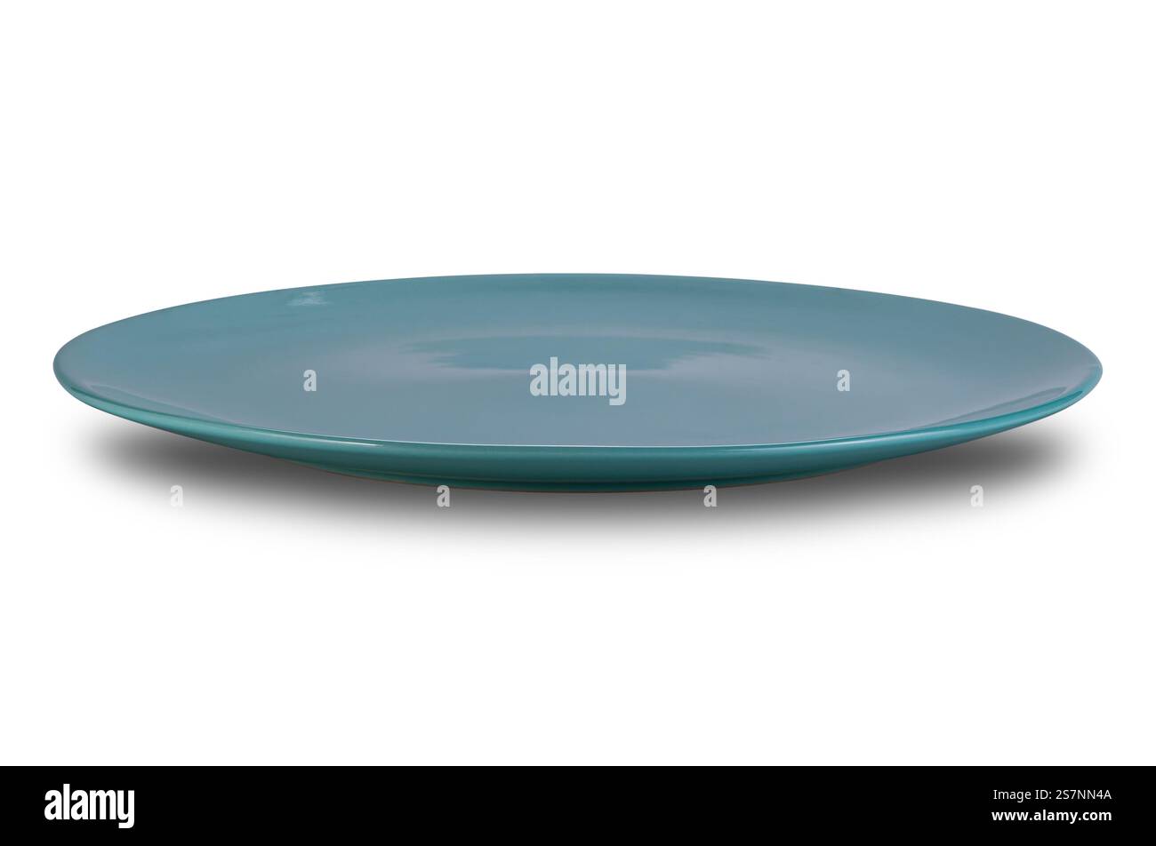 Side view of empty shallow blue ceramic plate isolated on white ...