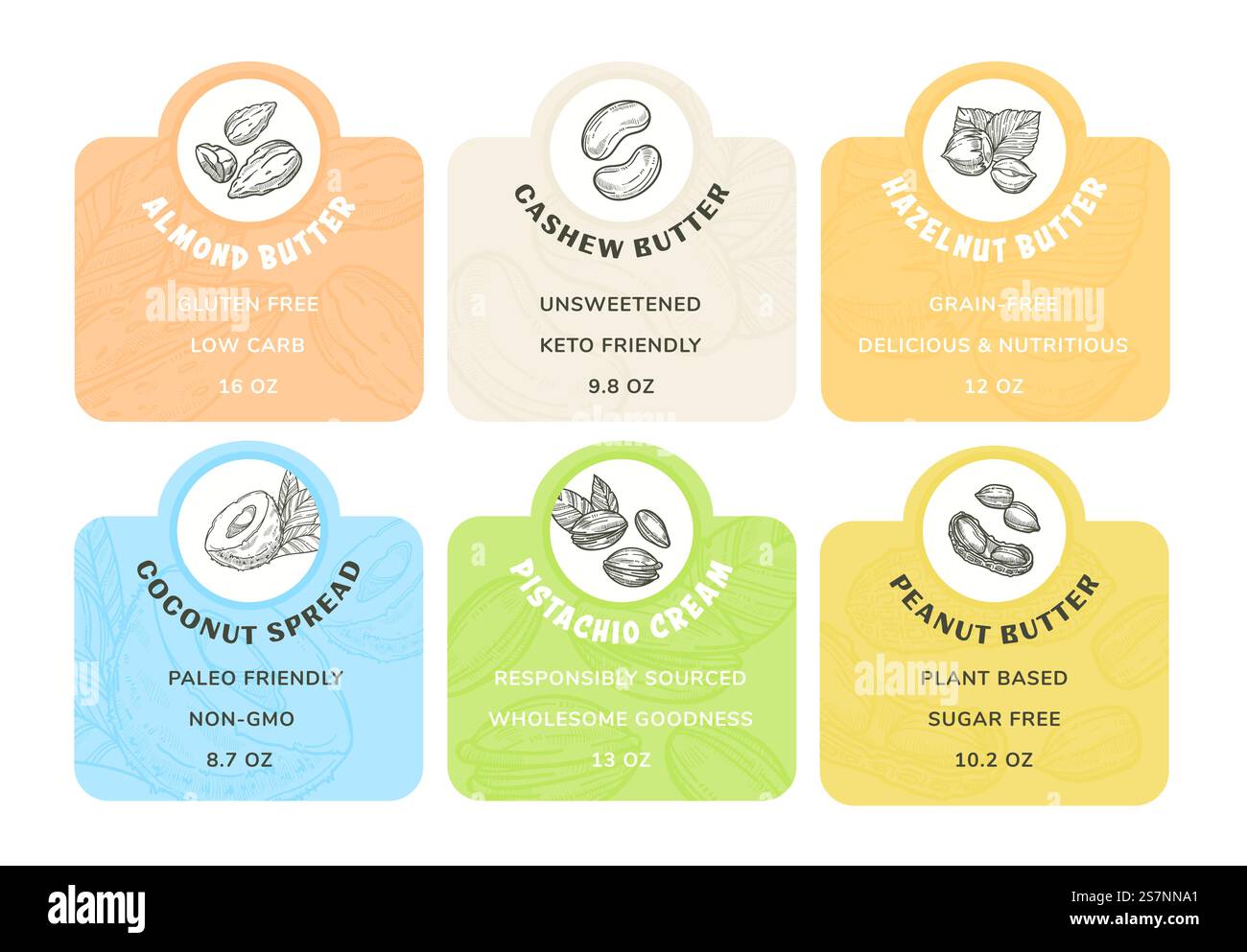 Sticker design set for nut butter package. Healthy snack label with ...