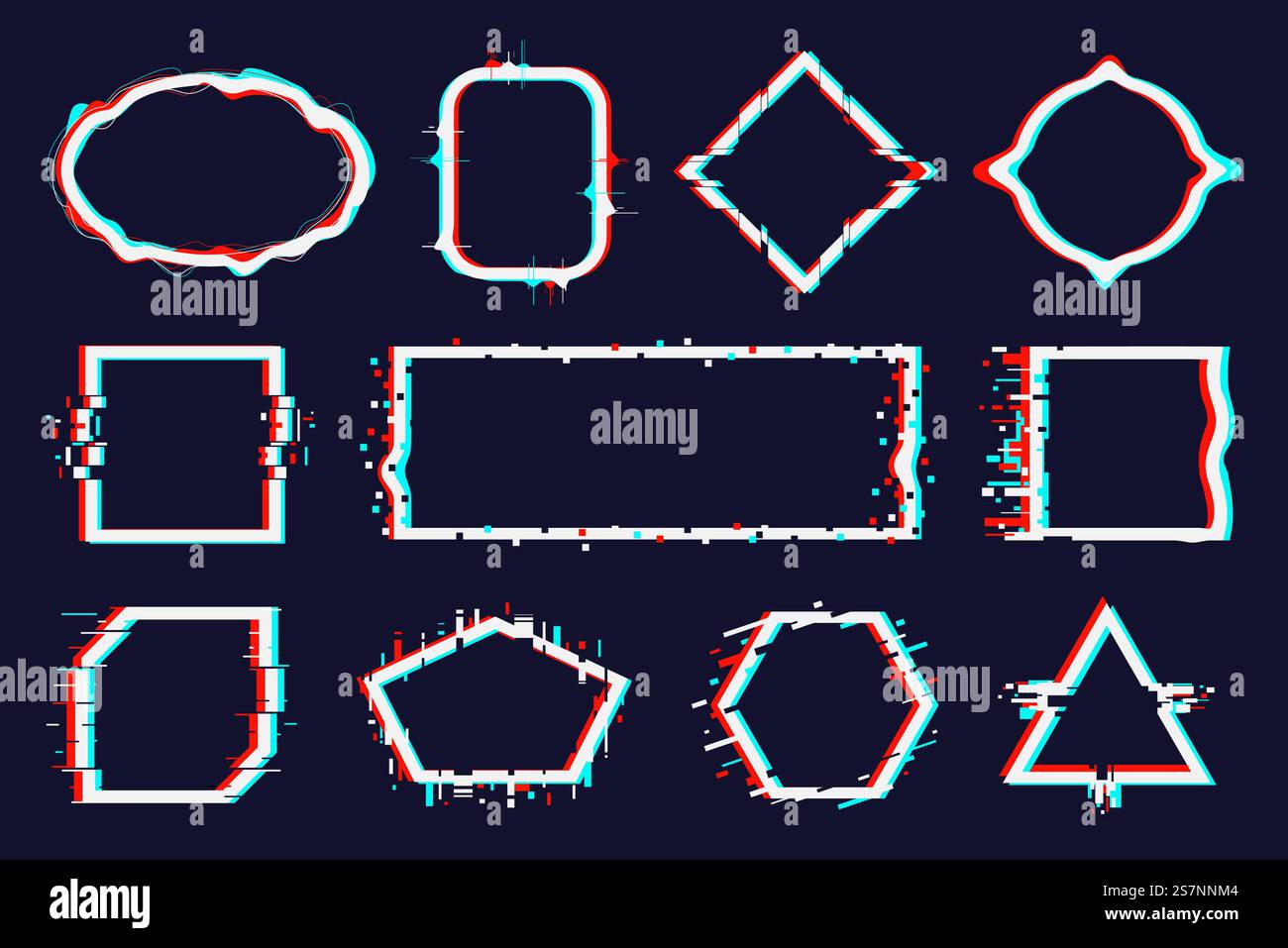 Trendy glitch effects borders. Different shapes frames. Distorted white ...