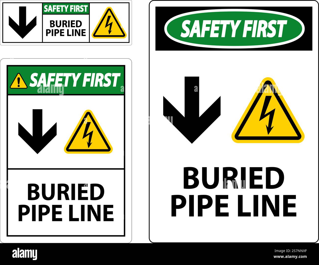 Safety First Sign Buried Pipe Line With Down Arrow and Electric Shock ...