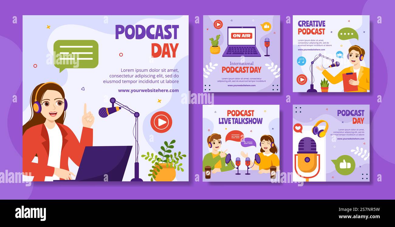 Podcast Day Social Media Post Flat Cartoon Hand Drawn Templates ...