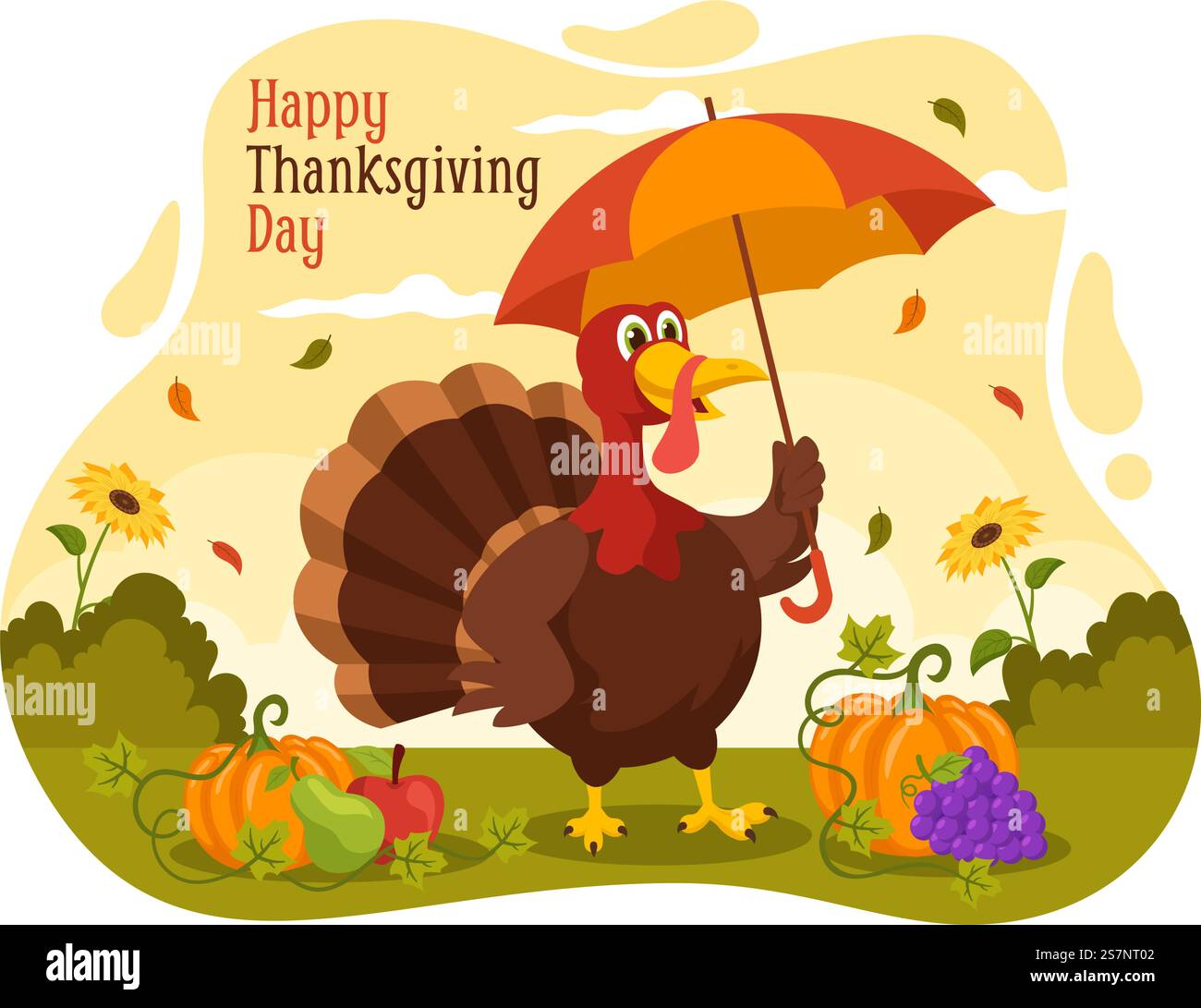 Happy Thanksgiving Day Vector Illustration with Turkey Bird, Pumpkin ...