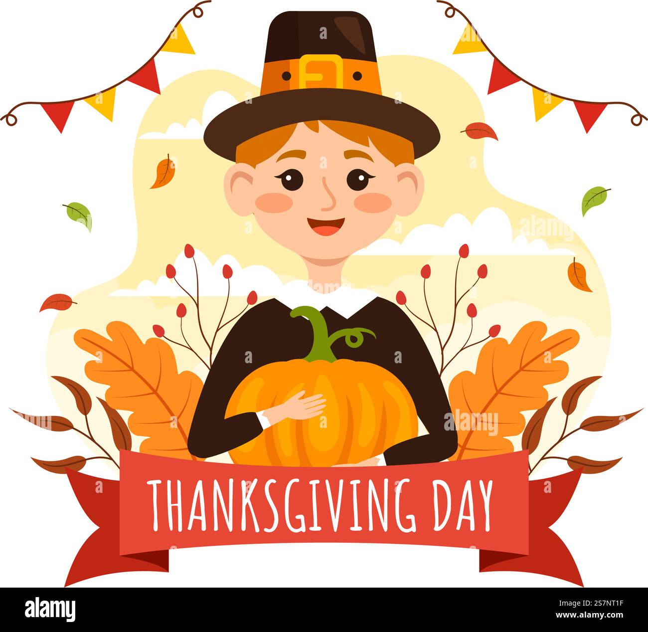 Happy Thanksgiving Day Vector Illustration with Turkey Bird, Pumpkin ...