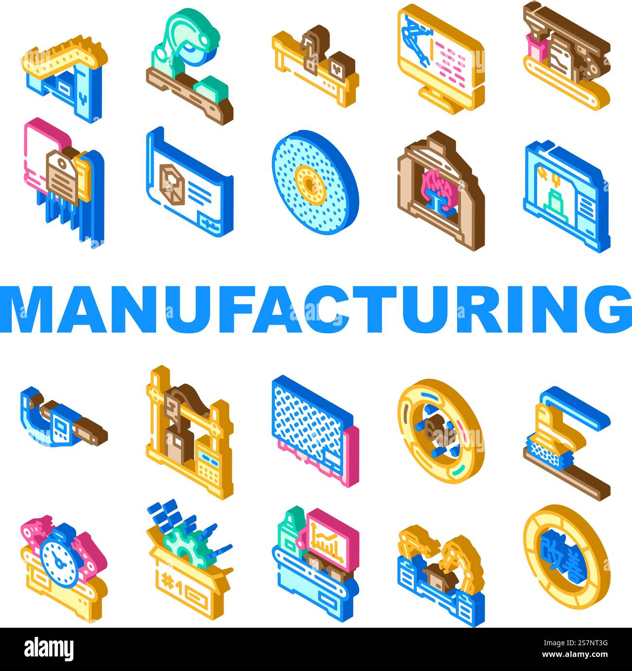 manufacturing factory production icons set vector. machine engineer ...
