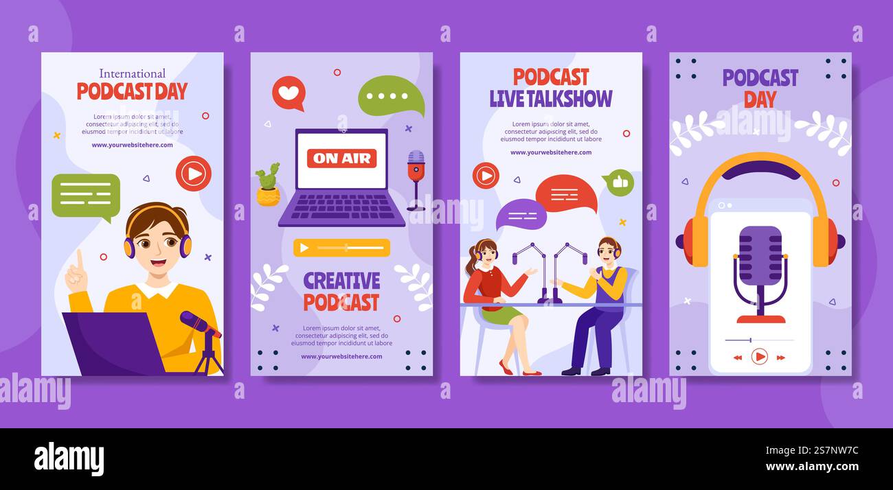 Podcast Day Social Media Stories Flat Cartoon Hand Drawn Templates ...