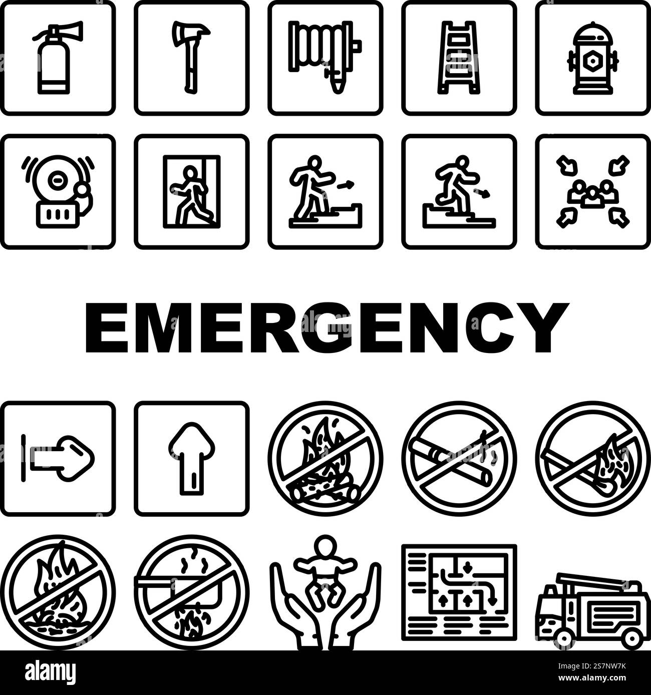 emergency fire exit safety escape icons set vector. building green, rescue red, evacuation ...