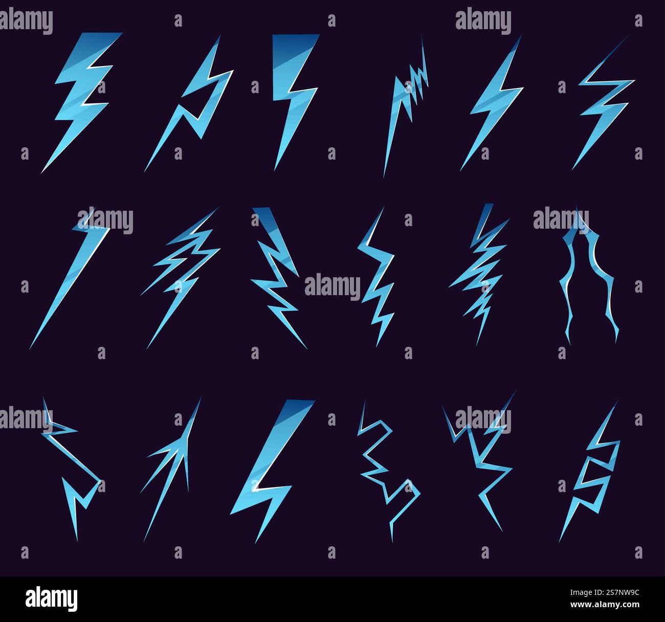 Lightning bolt icons. Cartoon blue thunderbolts. Different zigzag ...