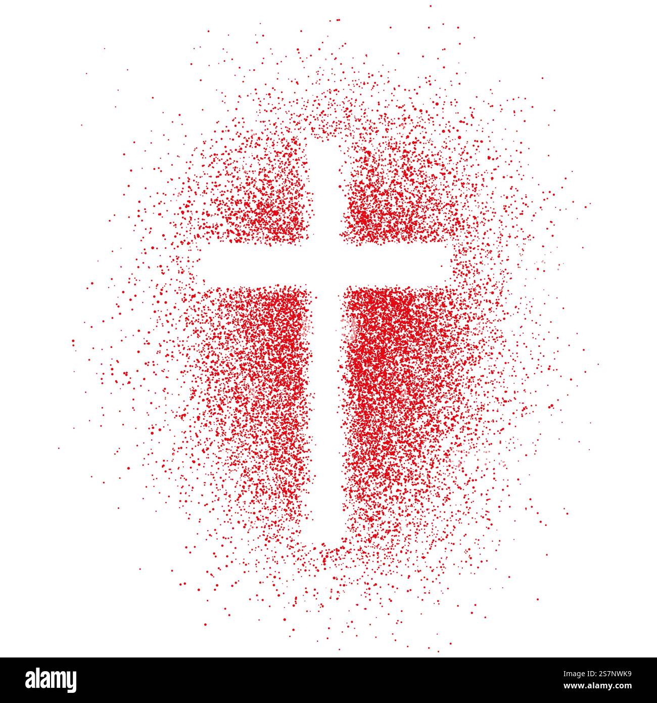 Silhouette of a crucifix made of red splashes of blood. Spray paint ...