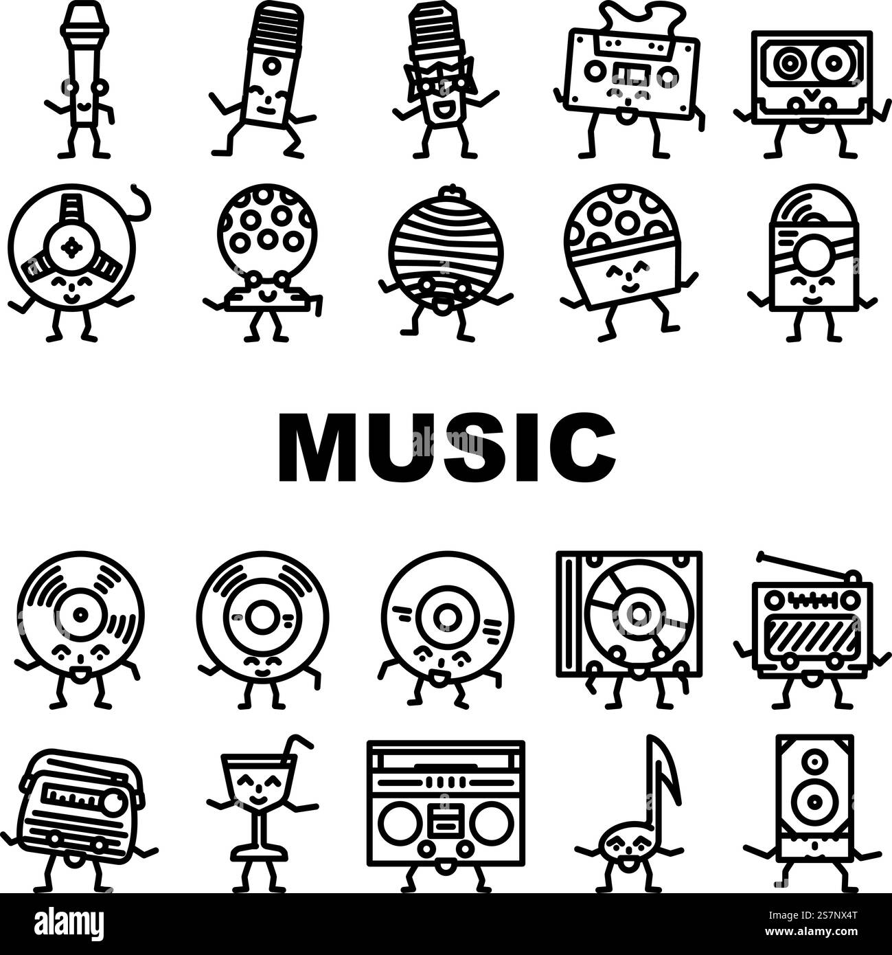 retro music party vintage icons set vector. 80s 90s disco, character ...