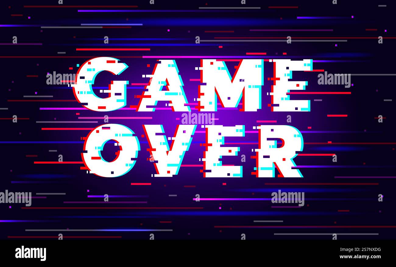 Game over screen with glitch effects. Video gaming. Distorted text with ...
