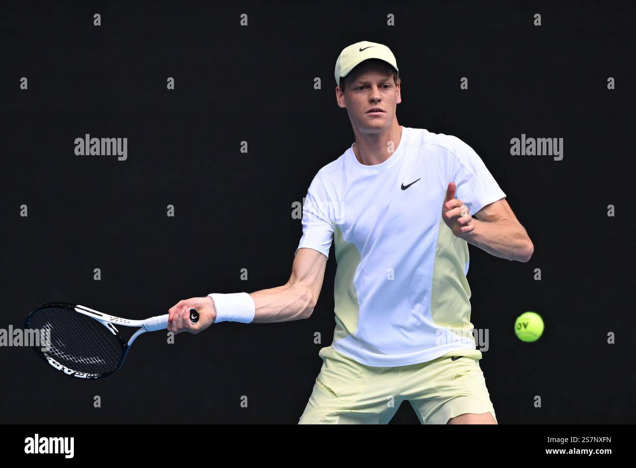 Melbourne, Australia. 20th Jan, 2025. Jannik Sinner of Italy returns during his round 4 match ...