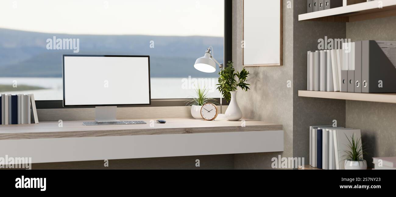 A computer with a white screen mockup and decor placed on a desk ...