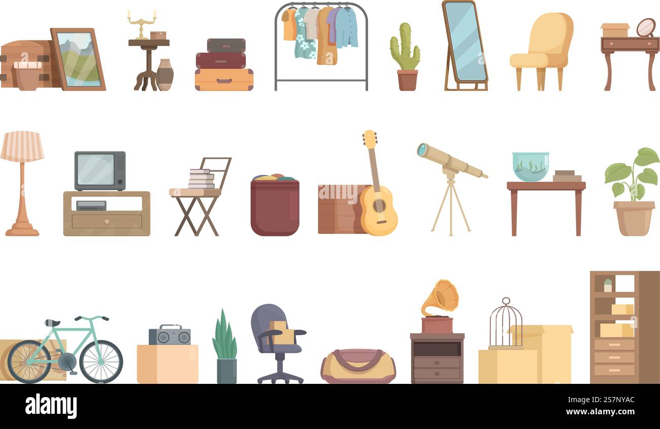 Flea market icons set cartoon vector. Store sell. Used garage. Flea ...