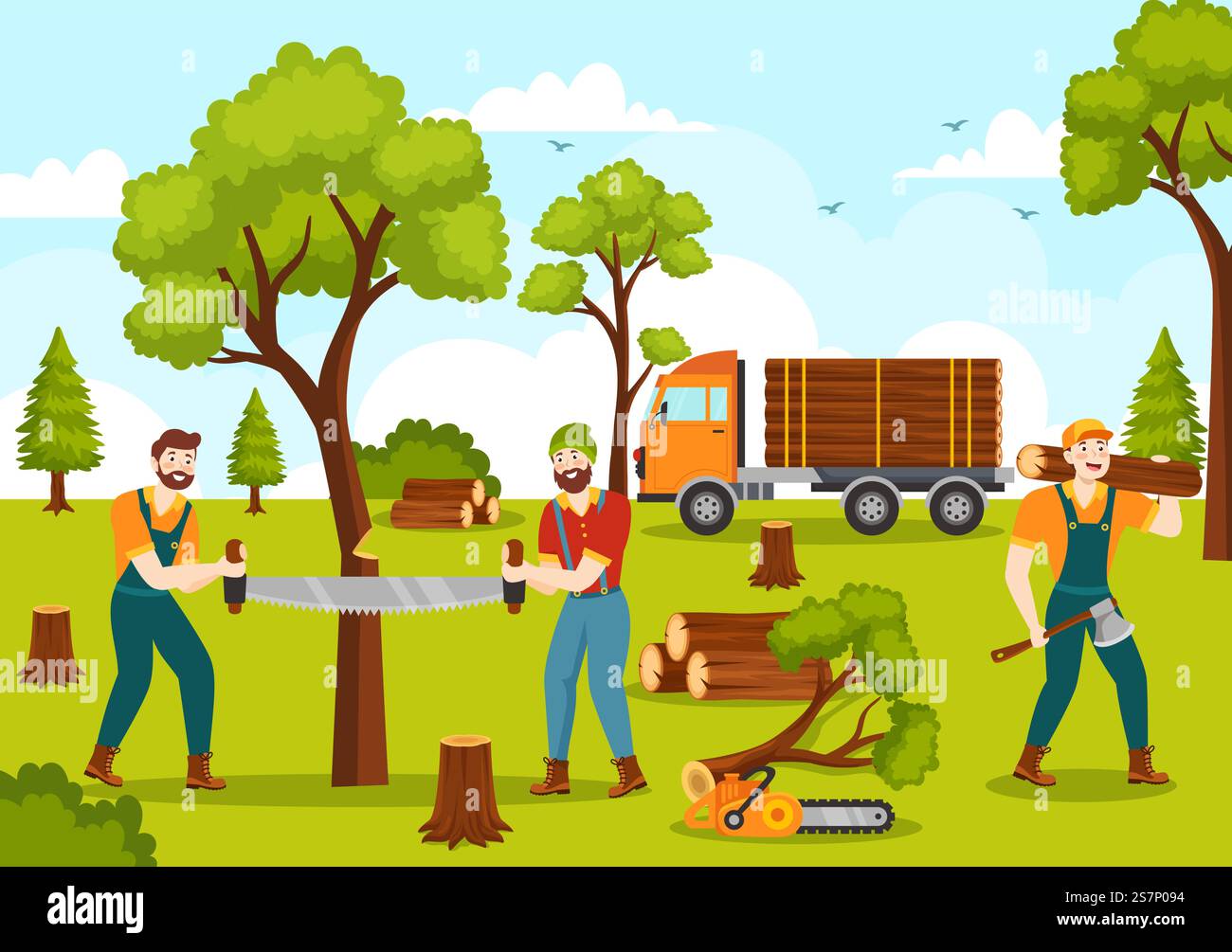 Men Chopping Wood and Cutting Tree with Lumberjack Work Equipment Machinery or chainsaw in Flat ...