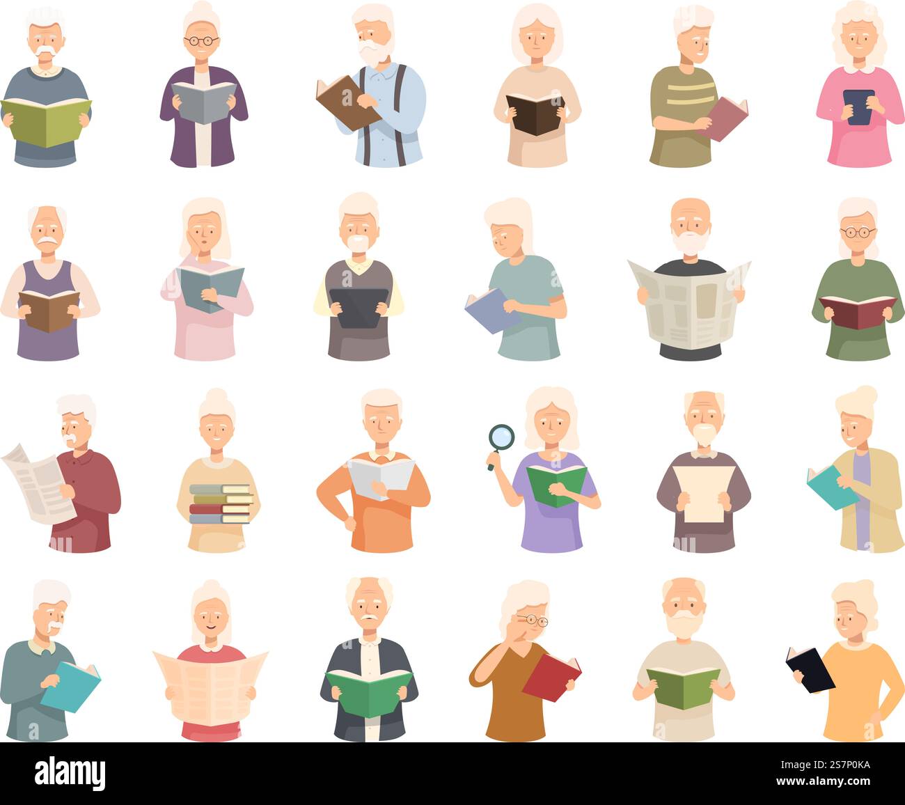 Senior people reading icons set cartoon vector. Elder book. Couple ...