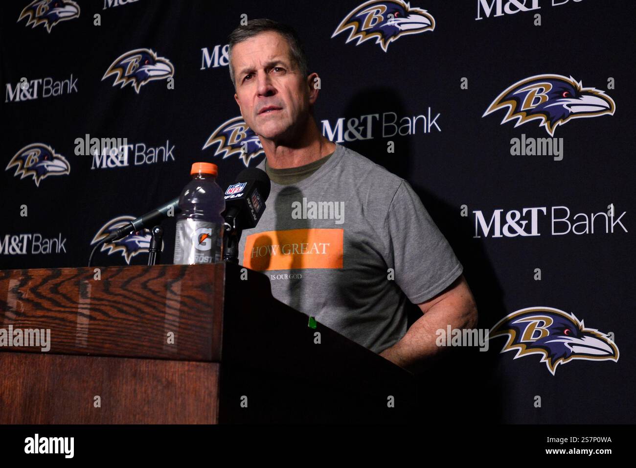 Baltimore Ravens head coach John Harbaugh answers questions after ...