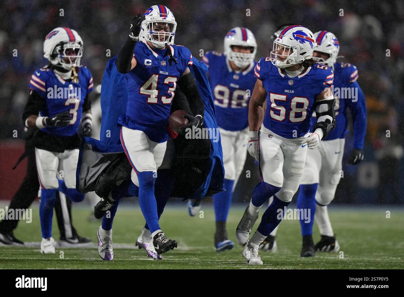 Buffalo Bills linebacker Terrel Bernard (43) reacts after recovering a ...