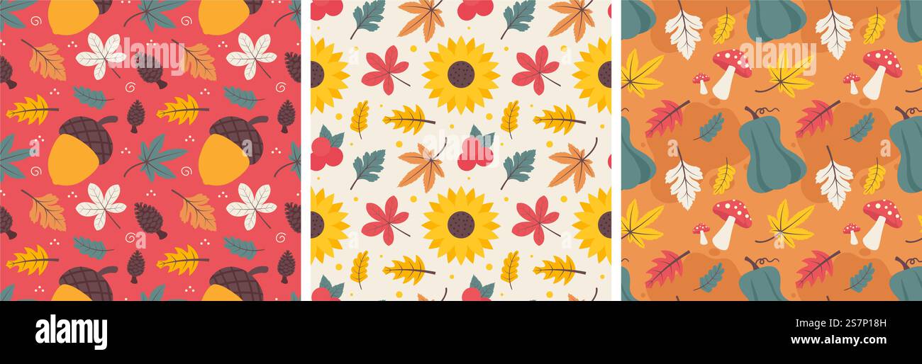 Set of Autumn Season Seamless Pattern Design with Fall Elements in ...