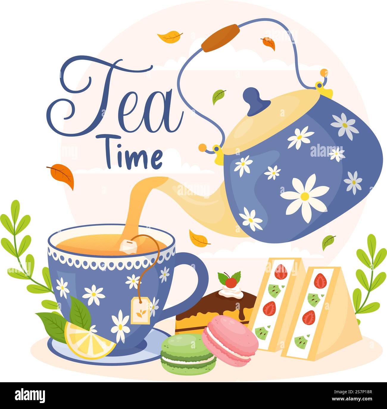 Tea Time Vector Illustration with Mug of Hot Drink, Sweet Desserts and ...