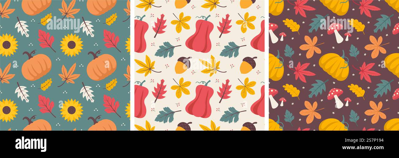 Set of Autumn Season Seamless Pattern Design with Fall Elements in ...