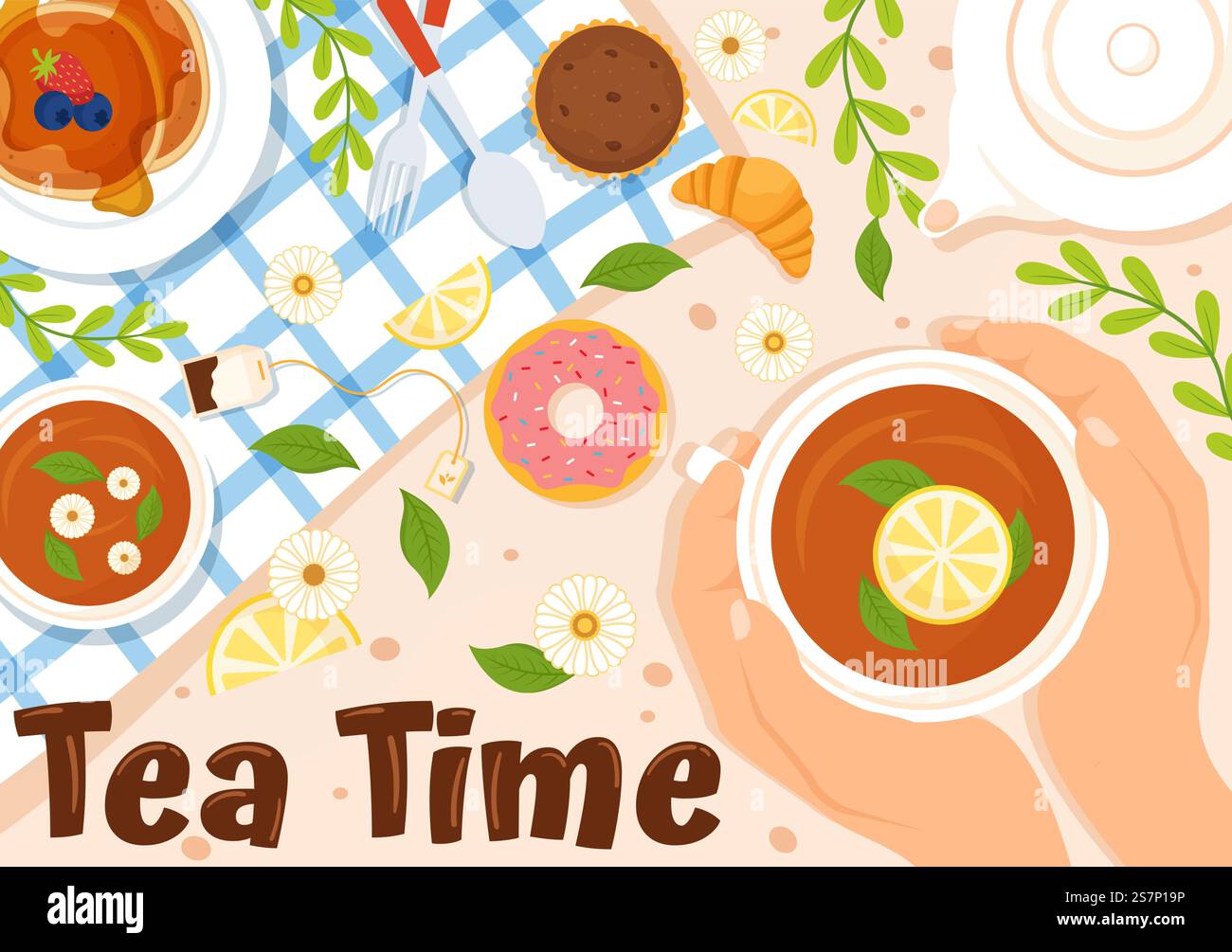 Tea Time Vector Illustration with Mug of Hot Drink, Sweet Desserts and ...