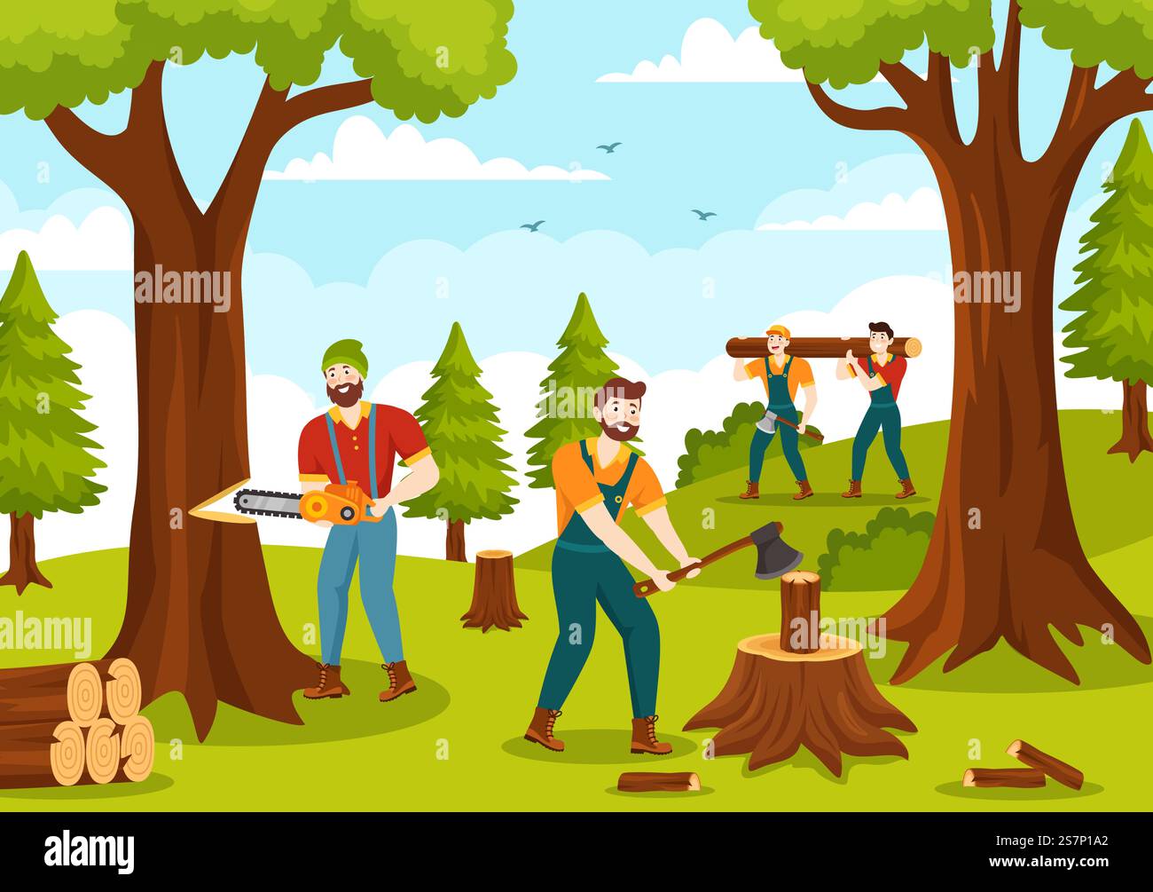 Men Chopping Wood and Cutting Tree with Lumberjack Work Equipment ...