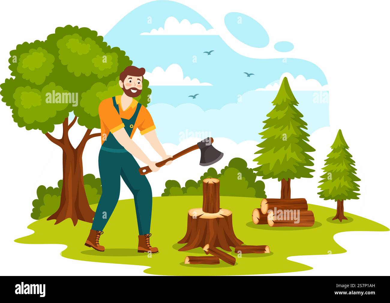 Men Chopping Wood and Cutting Tree with Lumberjack Work Equipment ...