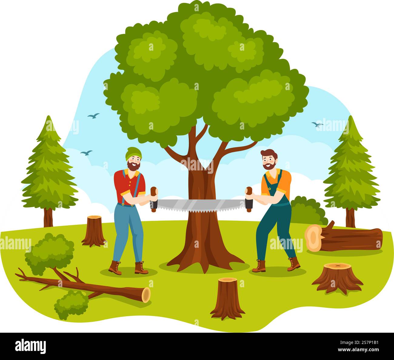 Men Chopping Wood and Cutting Tree with Lumberjack Work Equipment Machinery or chainsaw in Flat ...