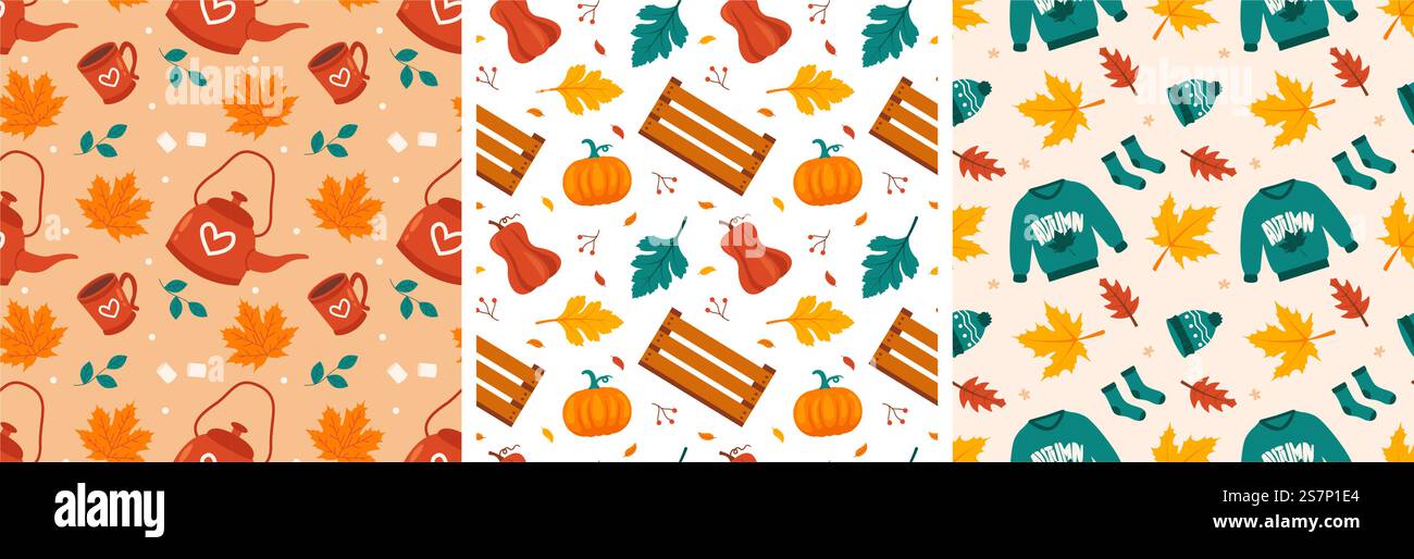 Set of Autumn Season Seamless Pattern Design with Fall Elements in ...
