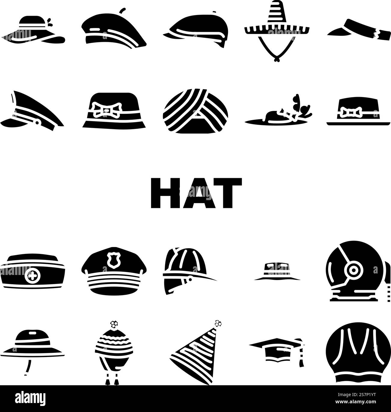 hat cap white head icons set vector. summer beach, panama female, straw ...