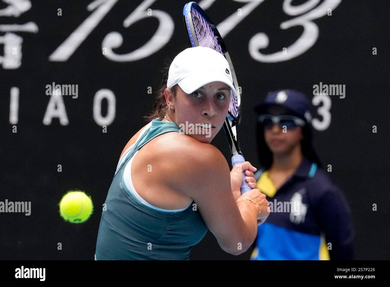 Madison Keys of the U.S. plays a backhand return to Elena Rybakina of ...