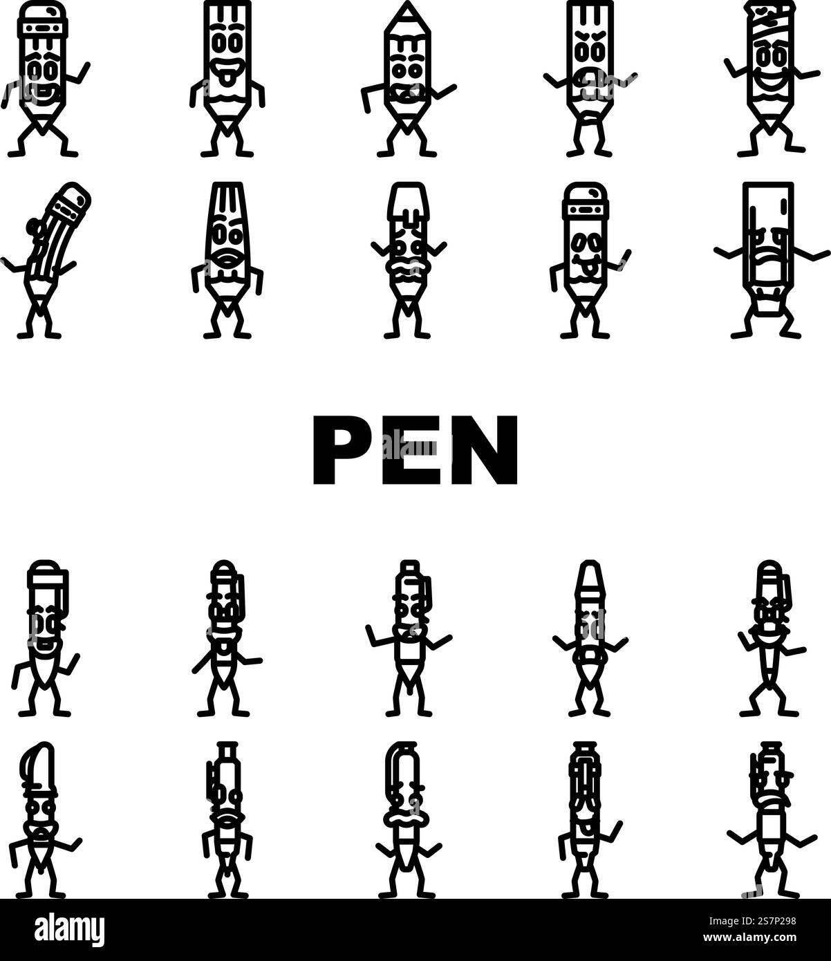 pen character pencil school icons set vector. cute funny, student kid ...