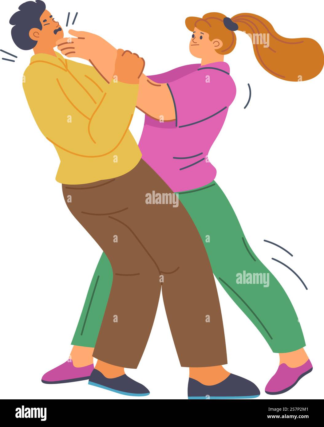 Self defense classes and lessons, isolated men and woman fighting. Male ...